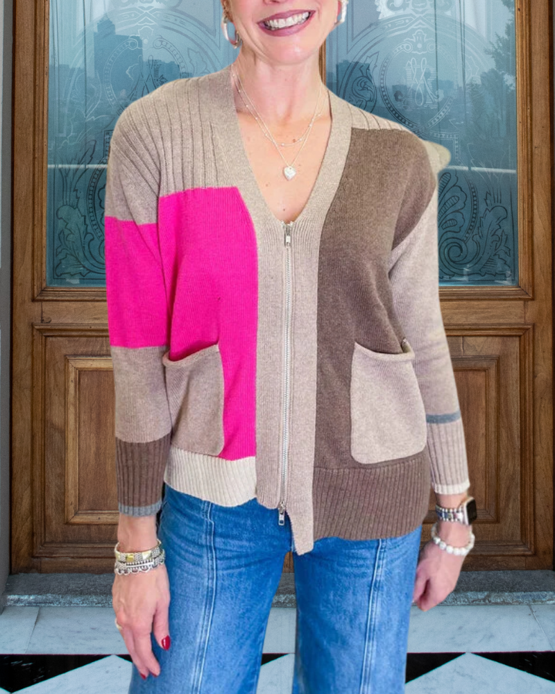 Irregular Colorblock Zipper Cardigan