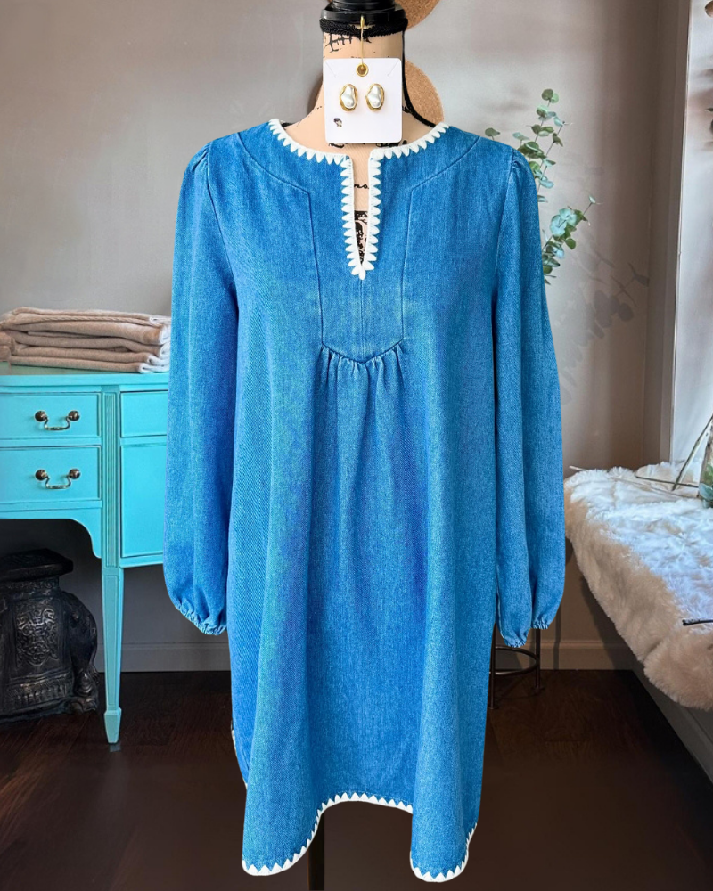 Wave Trim Denim Mini Dress