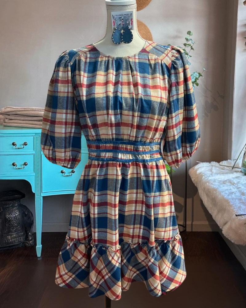 Elegant Check Puff Sleeve Dress