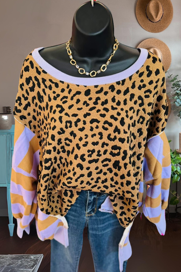 Oversized Leopard Patchwork Striped Pullover